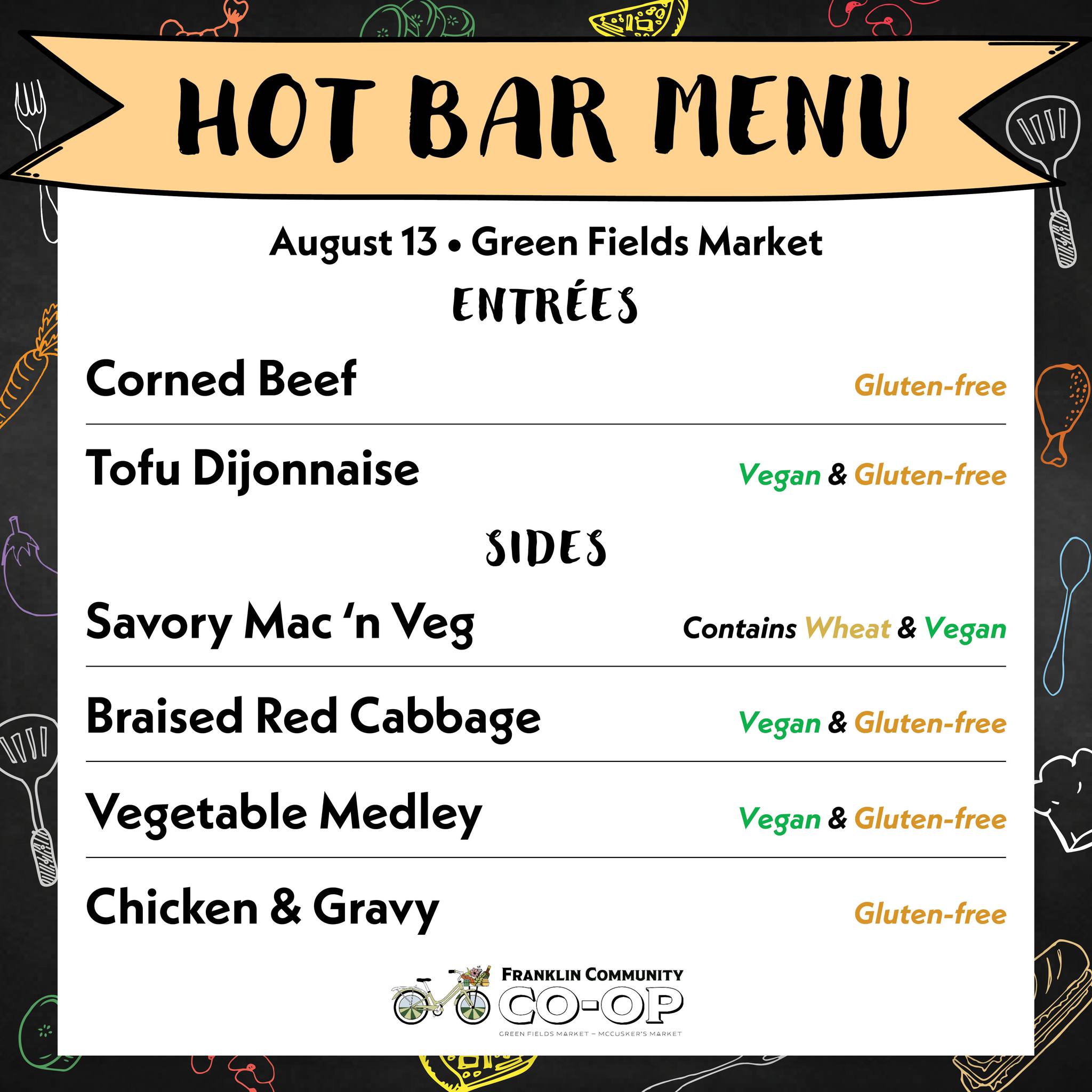 🥘Today's Hot Bar Menu🥘 Entrées: Corned Beef (gf) Tofu Dijonnaise (gf, v ...
